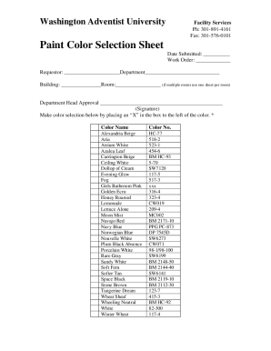 Fillable Online Paint Color Selection Sheet - Washington Adventist ...