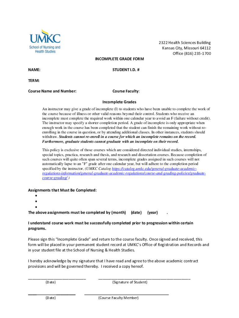 Fillable Online sonhs umkc INCOMPLETE GRADES FORM Student Signature ...