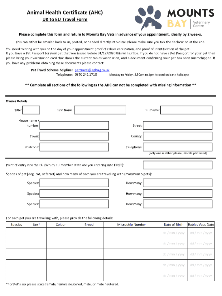 Fillable Online mountsbayvets co Pet passports / Animal Health ...