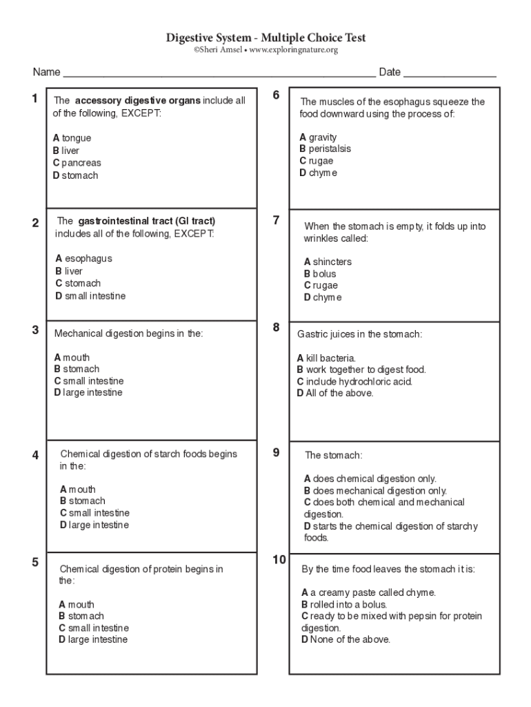 Fillable Online Digestive System - Multiple Choice Test ...