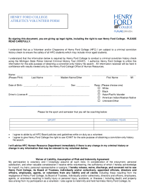 Fillable Online HENRY FORD COLLEGE ATHLETICS VOLUNTEER FORM Fax Email Print - pdfFiller