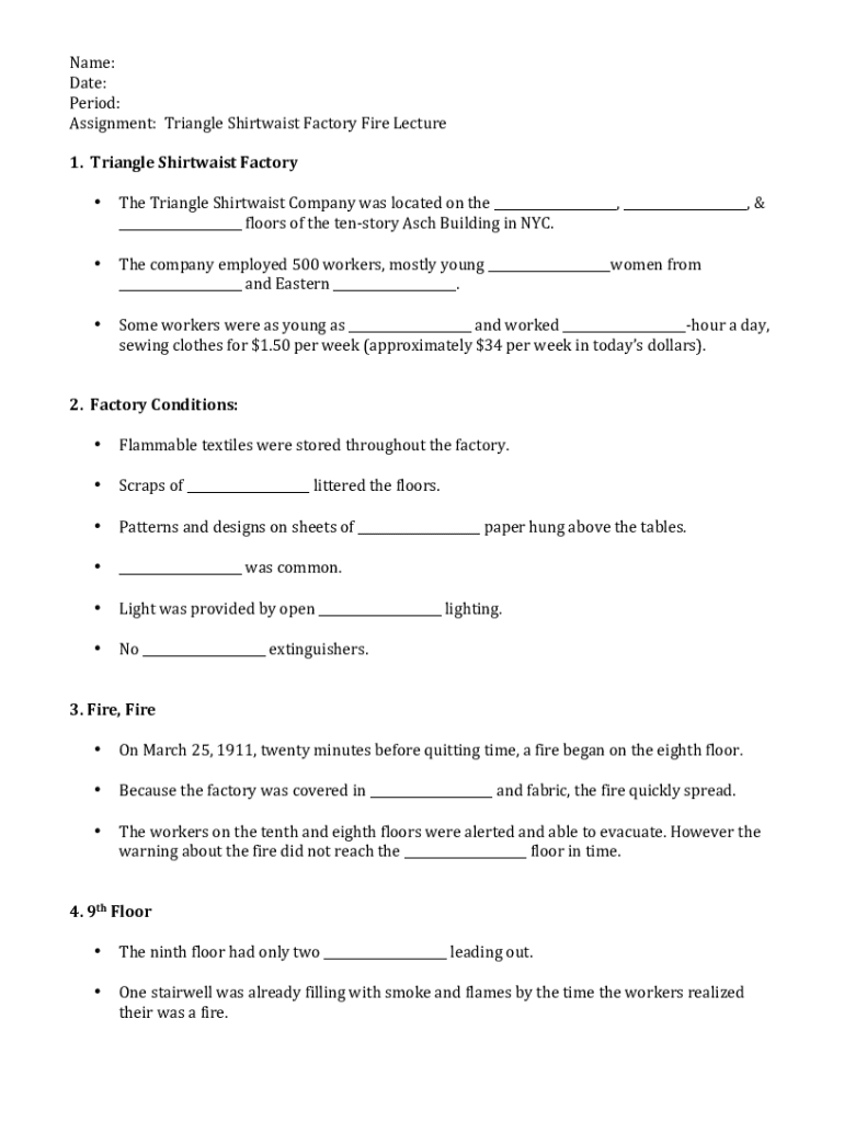 Fillable Online Period: Assignment: Triangle Shirtwaist Factory Fire ...