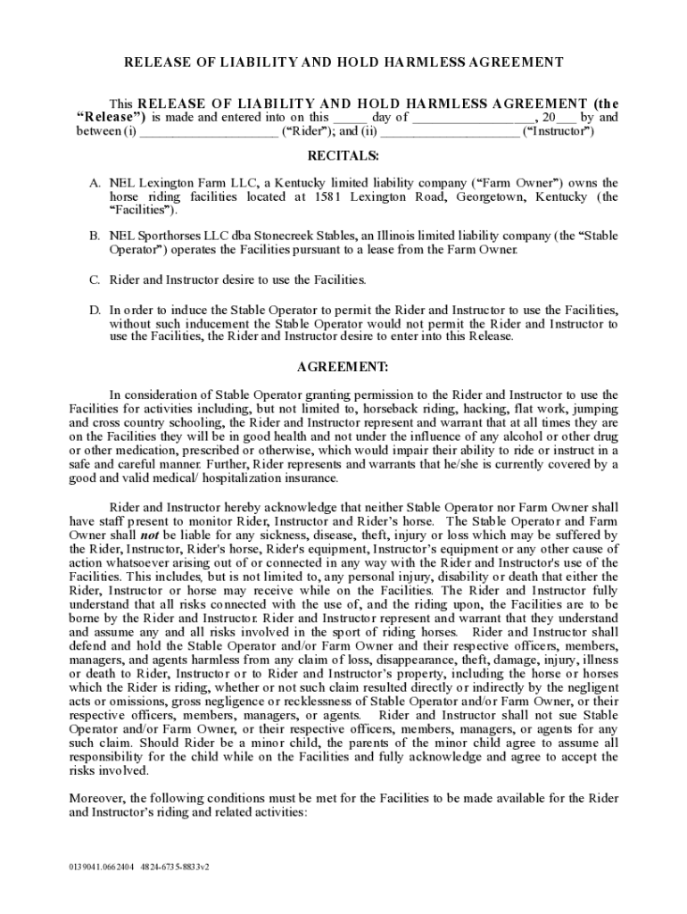 Fillable Online THIS RELEASE AND HOLD HARMLESS AGREEMENT is entered ...