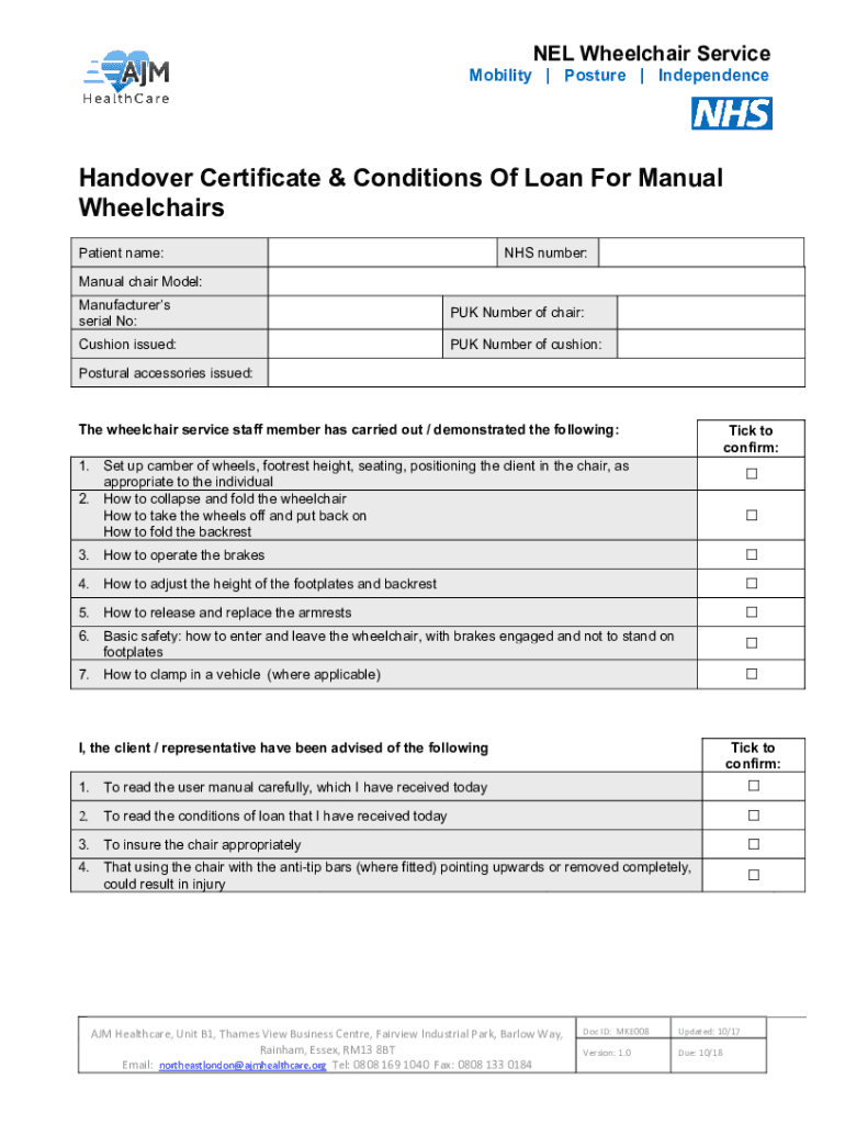 Fillable Online Handover Certificate & Conditions Of Loan For Manual ...