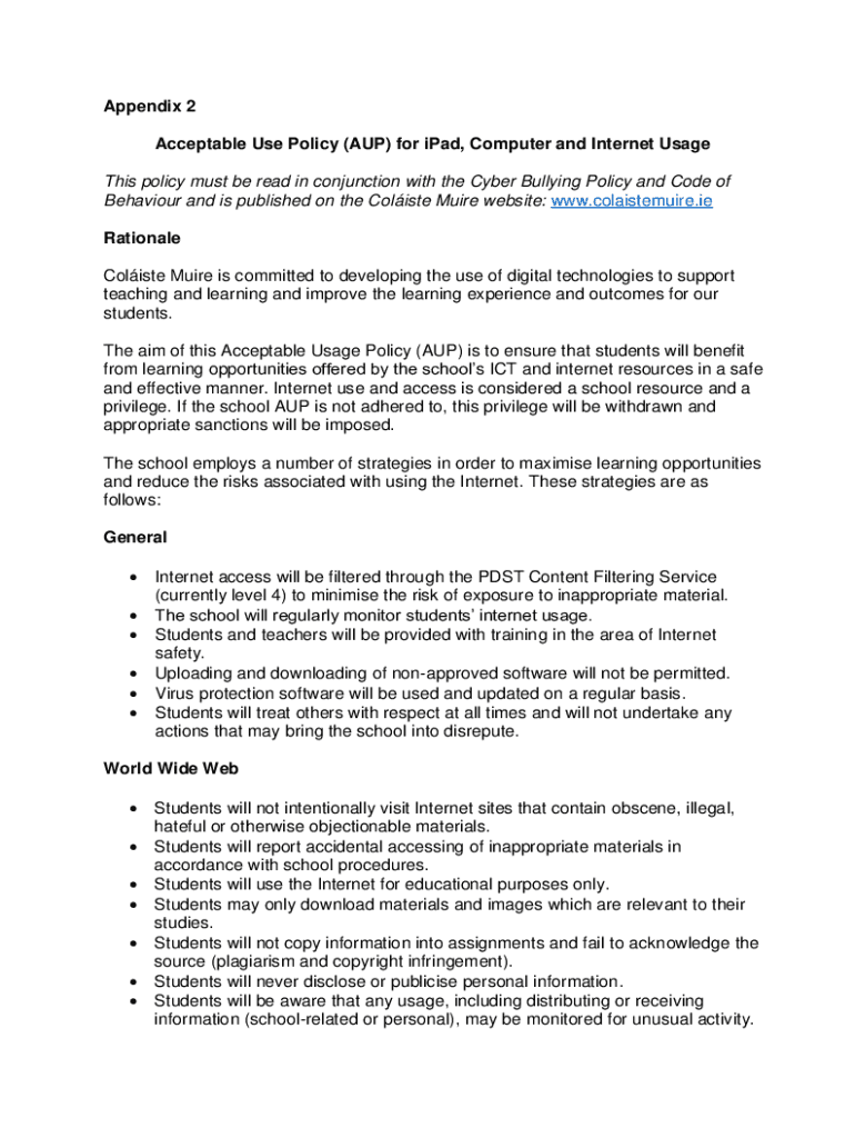 Fillable Online Acceptable Use Policies - Cease Cyber-bullying - Google ...