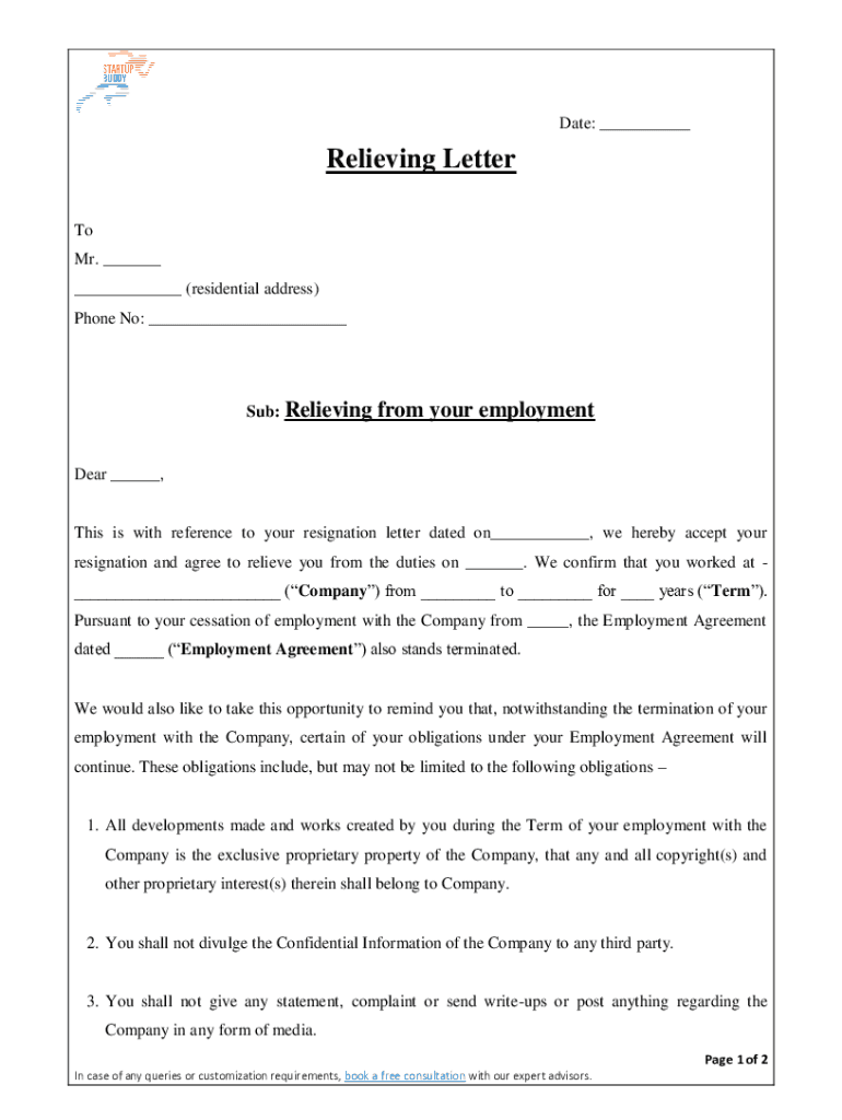 Fillable Online Relieving Letter Format with Samples - Leverage Edu Fax ...