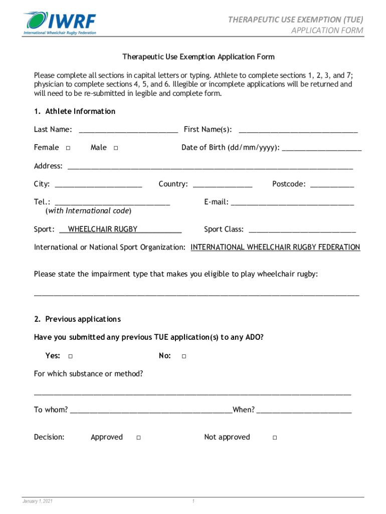 Fillable Online Therapeutic Use Exemption (TUE) application form Fax Email Print - pdfFiller