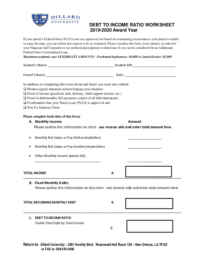 Fillable Online DEBT TO INCOME RATIO WORKSHEET - Dillard University Fax ...