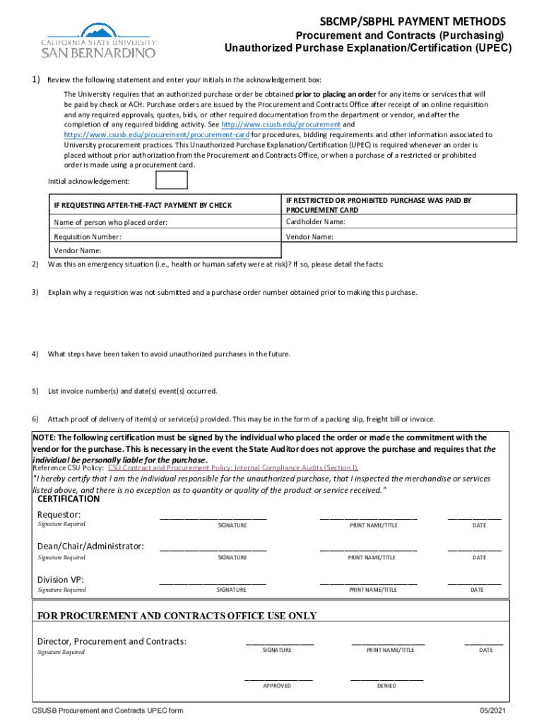 Fillable Online Unauthorized Purchase Explanation/Certification Form ...