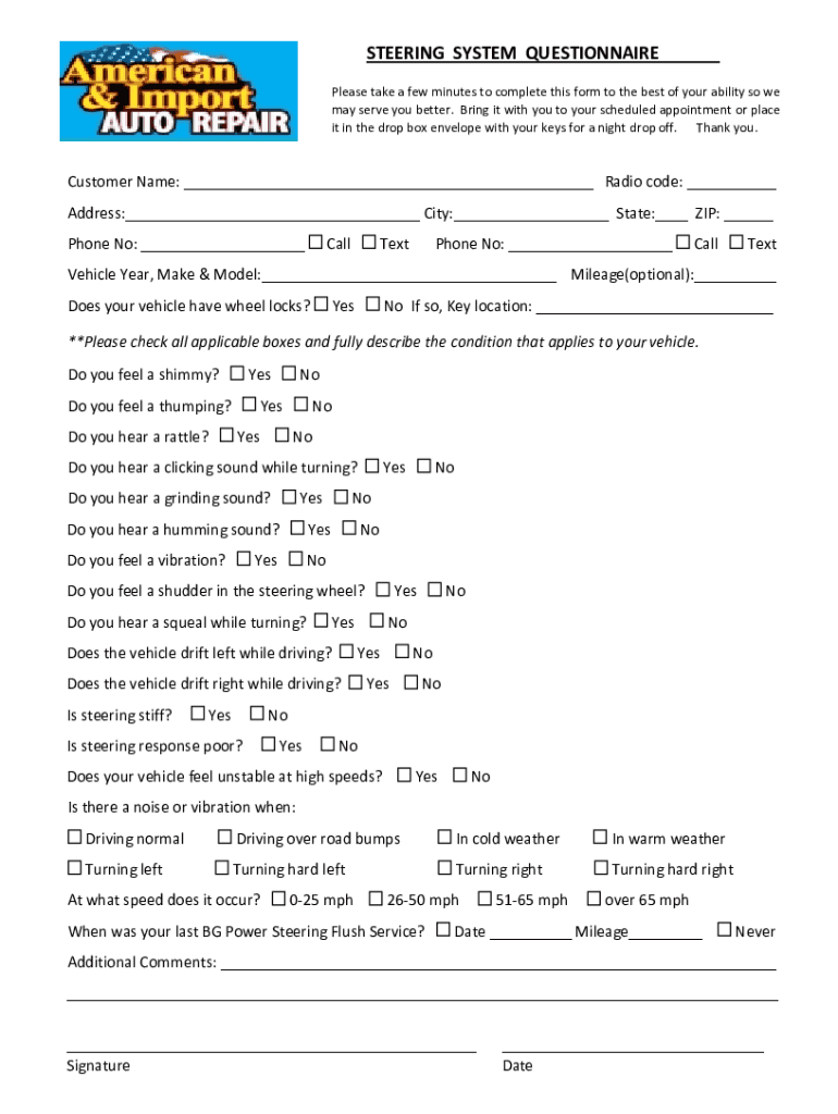 Fillable Online Pre-Service Questionnaires - Dave's Auto Service Fax ...