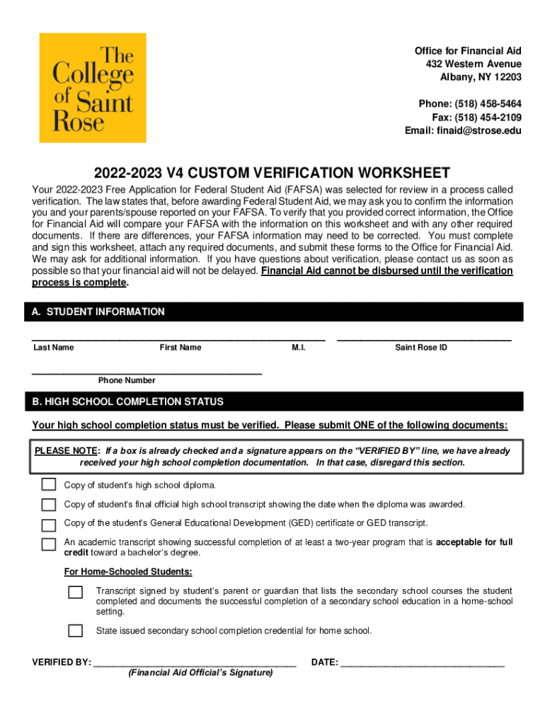 Fillable Online 2022-2023 V4 CUSTOM VERIFICATION WORKSHEET Fax Email ...