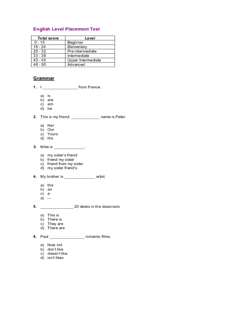 Fillable Online Online English level testTest your English for free ...
