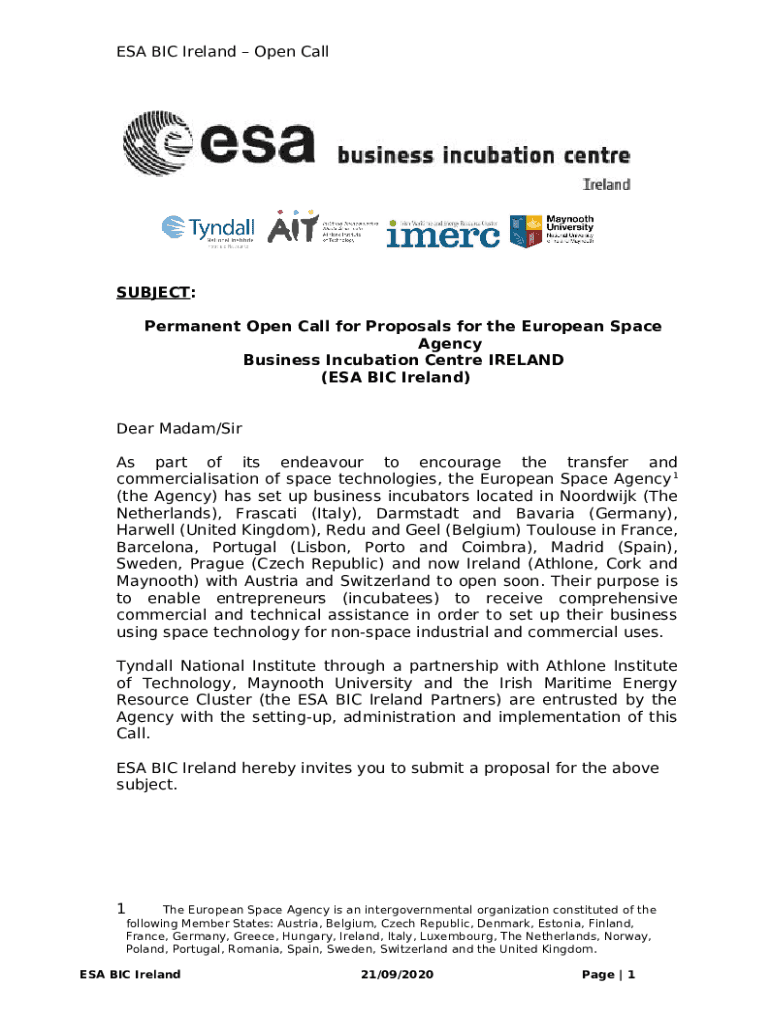 Permanent Open Call for Proposals for the ... - ESA BIC Portugal Doc Template | pdfFiller