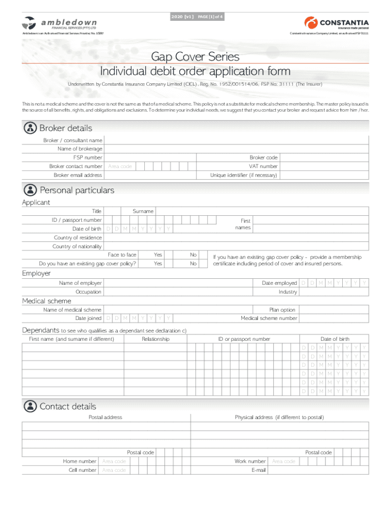 Fillable Online Gap Cover Series Individual debit order application ...