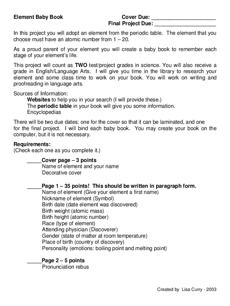 Fillable Online element baby book project.docx - Millburn District 24 ...