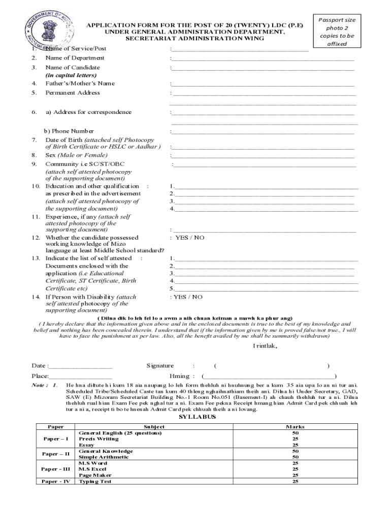 Fillable Online application form for the post of 20 (twenty) ldc (pe ...