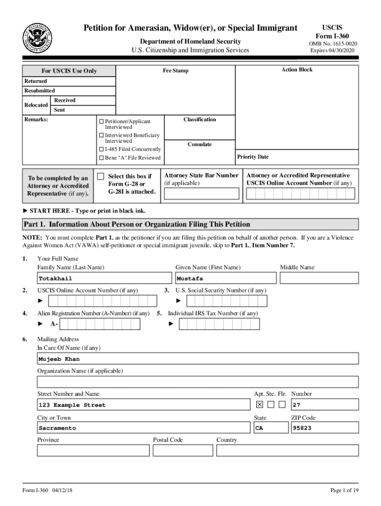 Fillable Online Direct Filing Addresses for Form I-360, Immigrant ...