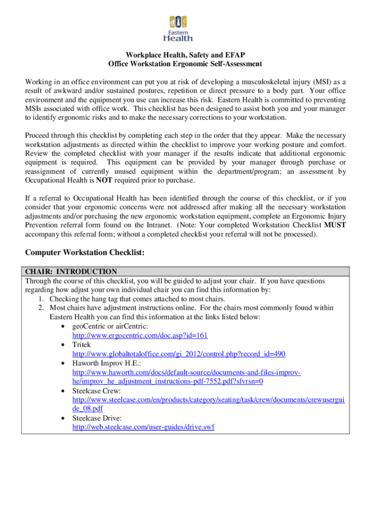 Fillable Online Office Workstation Ergonomic Self-Assessment - Eastern ...