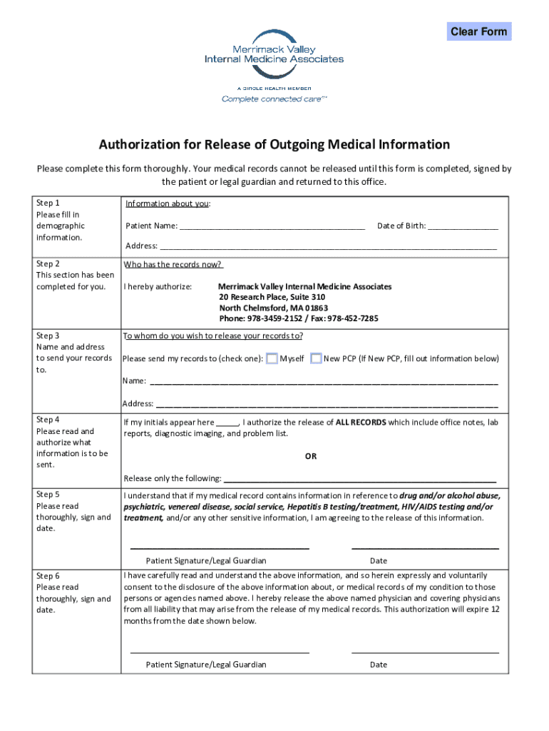 Fillable Online Authorization for Release of Outgoing Medical Information Fax Email Print ...