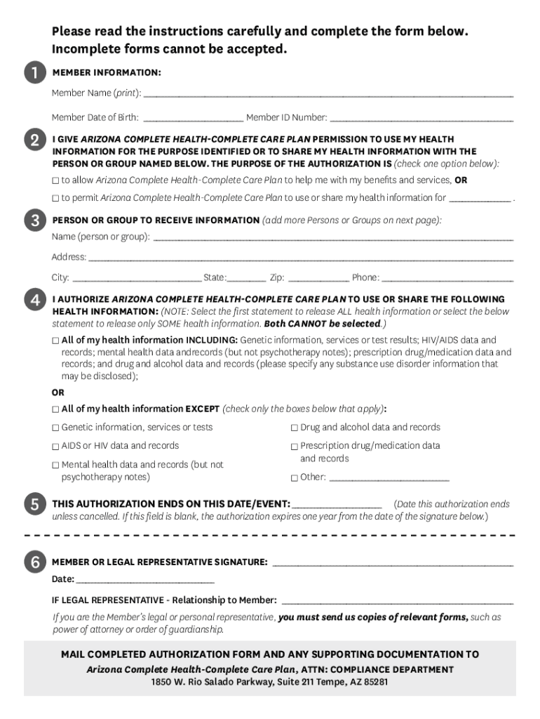 Fillable Online Member Rights and Responsibilities - Arizona Complete ...