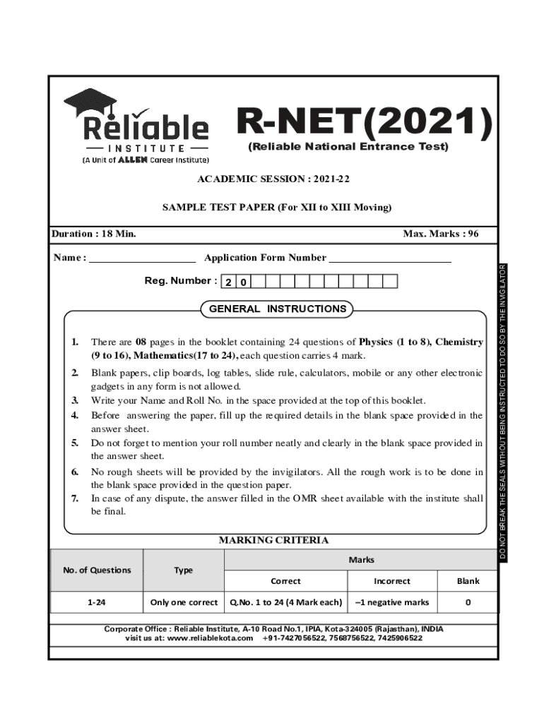 Fillable Online R-NET Sample Papers - Reliable Institute Kota Fax Email Print - pdfFiller