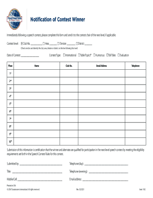 Fillable Online Notification Of Winners Toastmasters - Fill Online ...