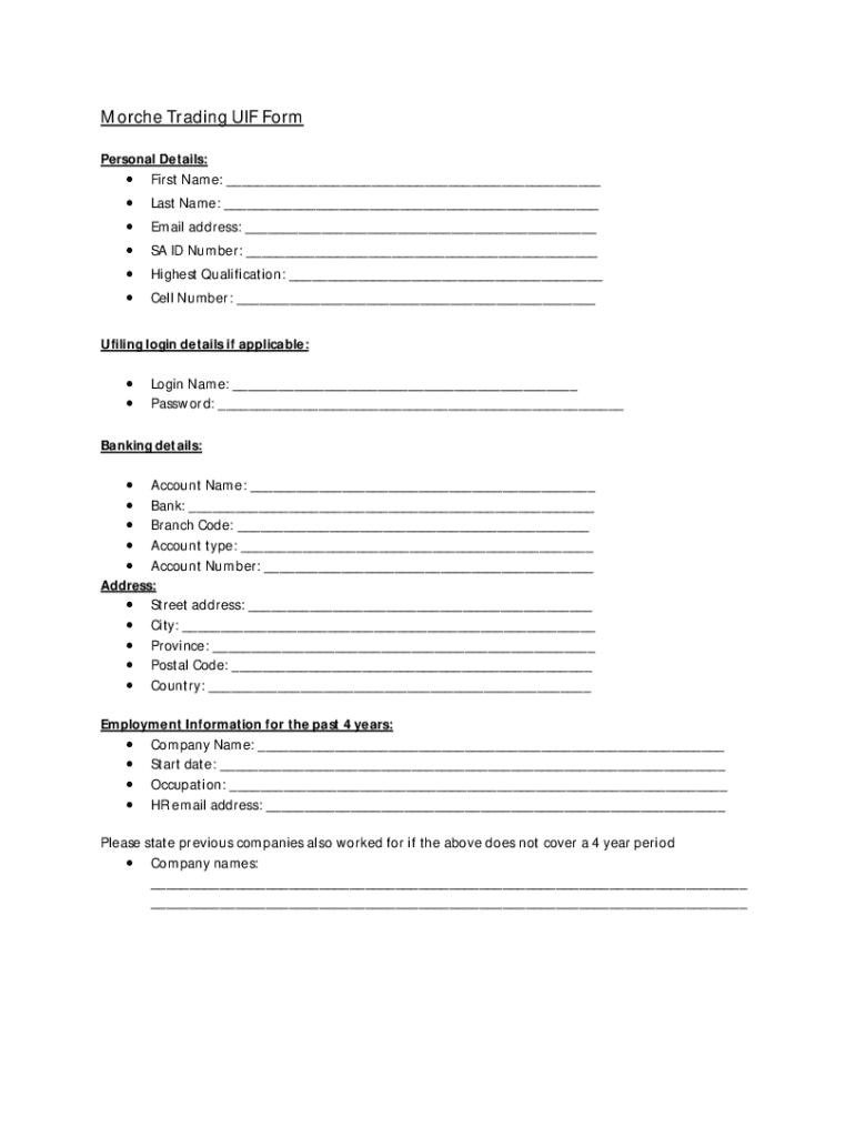 Fillable Online Morche Trading UIF Form Fax Email Print - pdfFiller