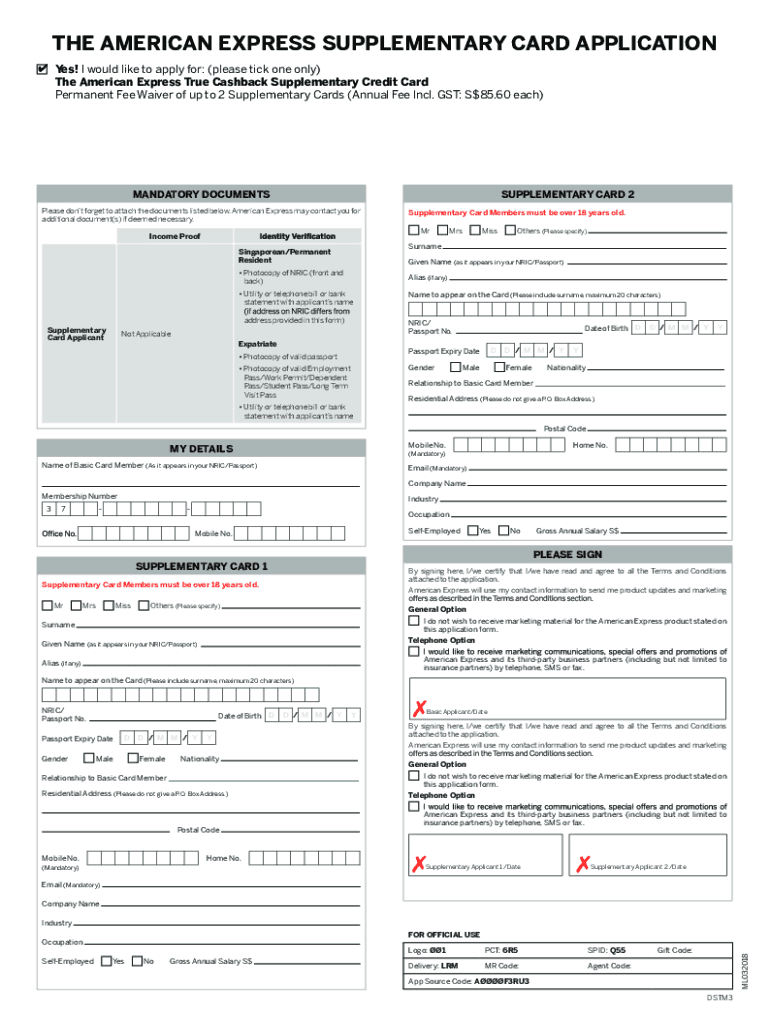 Fillable Online Supplementary CreditCharge Card Application Form Fax ...