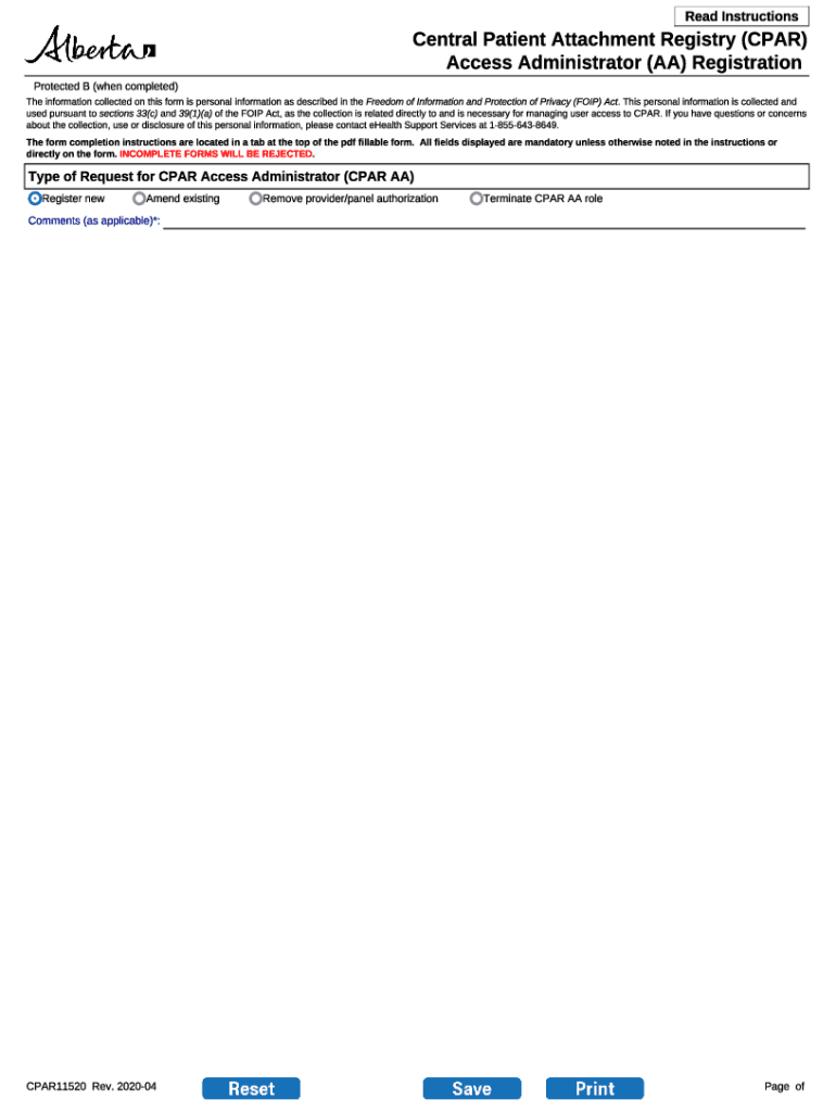 Fillable Online Central Patient Attachment Registry (CPAR) Access Administrator (AA ...