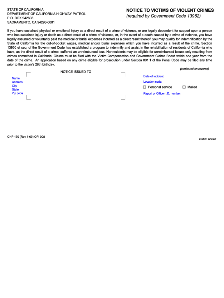 Fillable Online Notice to Victims of Violent Crimes, CHP 170. OPI ...