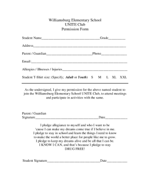 Fillable Online Williamsburg Elementary School UNITE Club Permission ...