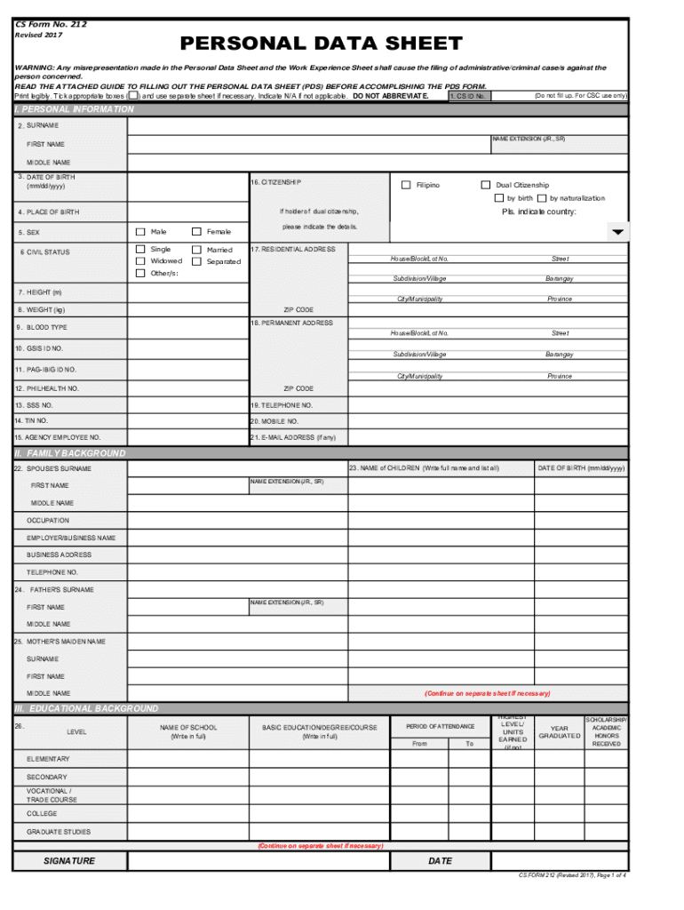 Fillable Online CS Form No. 212 revised Personal Data Sheet new Fax ...