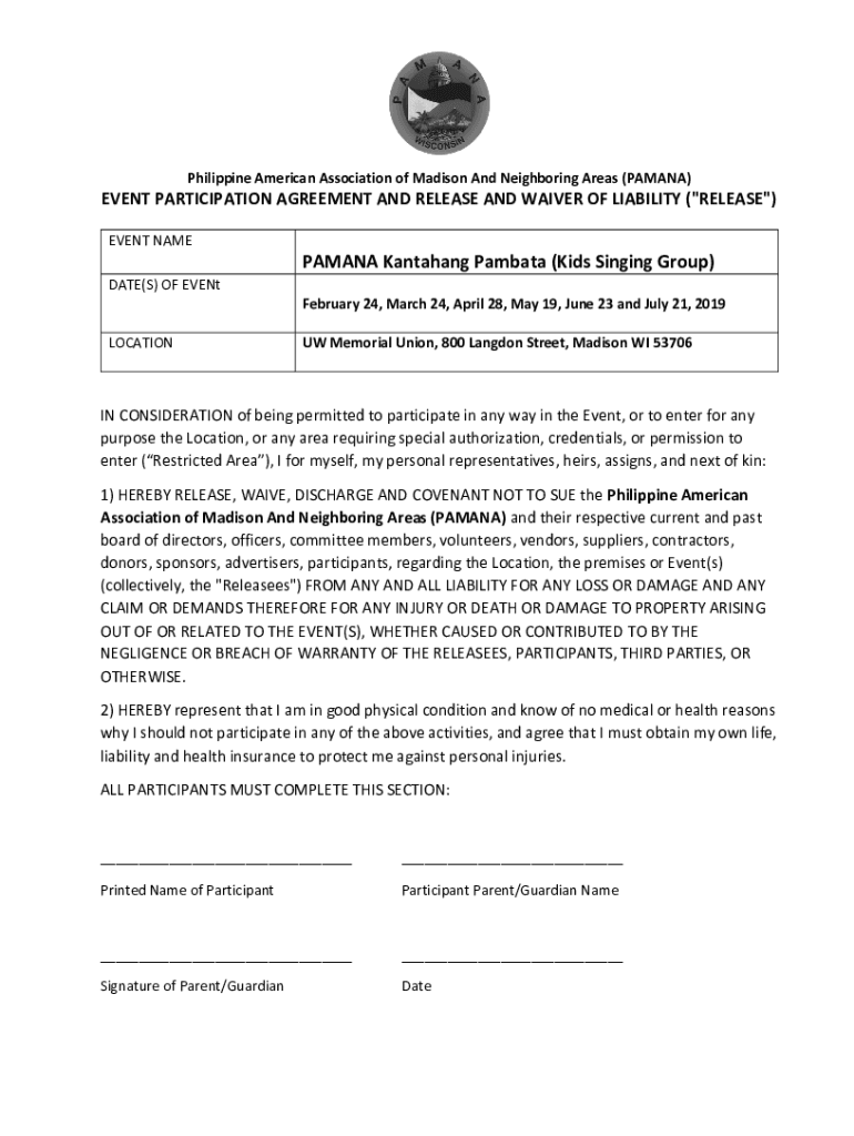 Fillable Online event participation agreement and release and waiver of ... Fax Email Print ...
