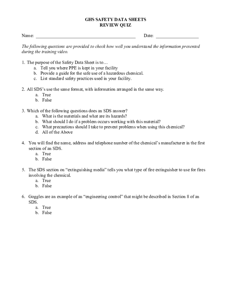 Fillable Online GHS SAFETY DATA SHEETS REVIEW QUIZ Name Fax Email Print - pdfFiller