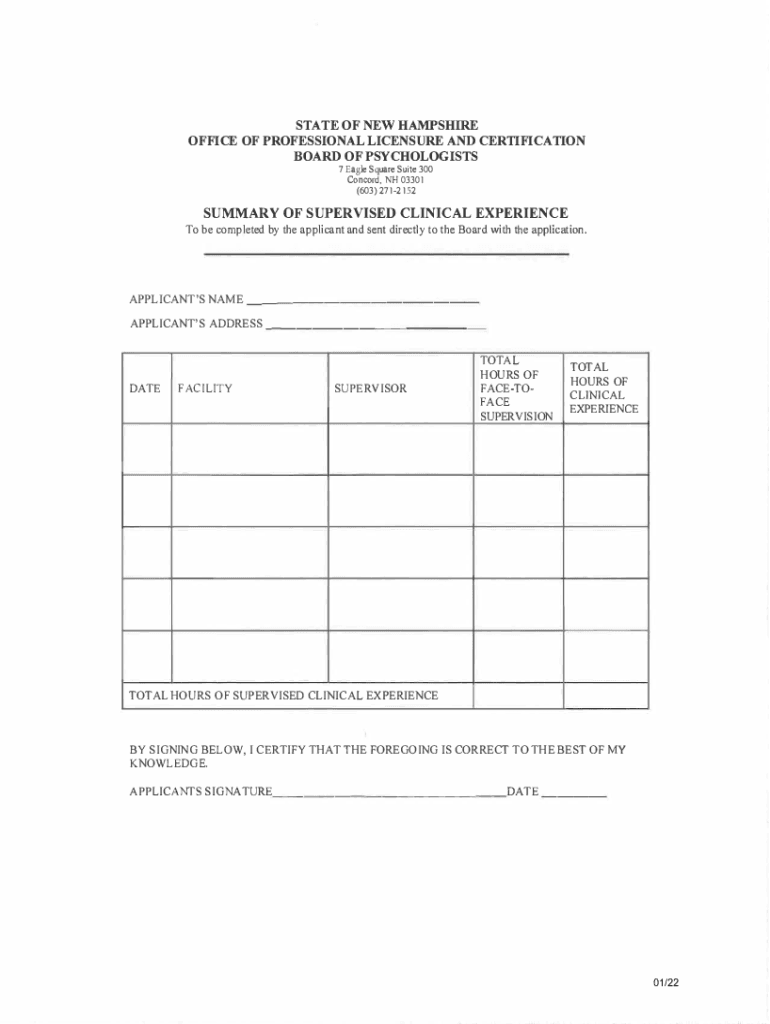 Fillable Online SUMMARY OF SUPERVISED CLINICAL EXPERIENCE Fax Email ...