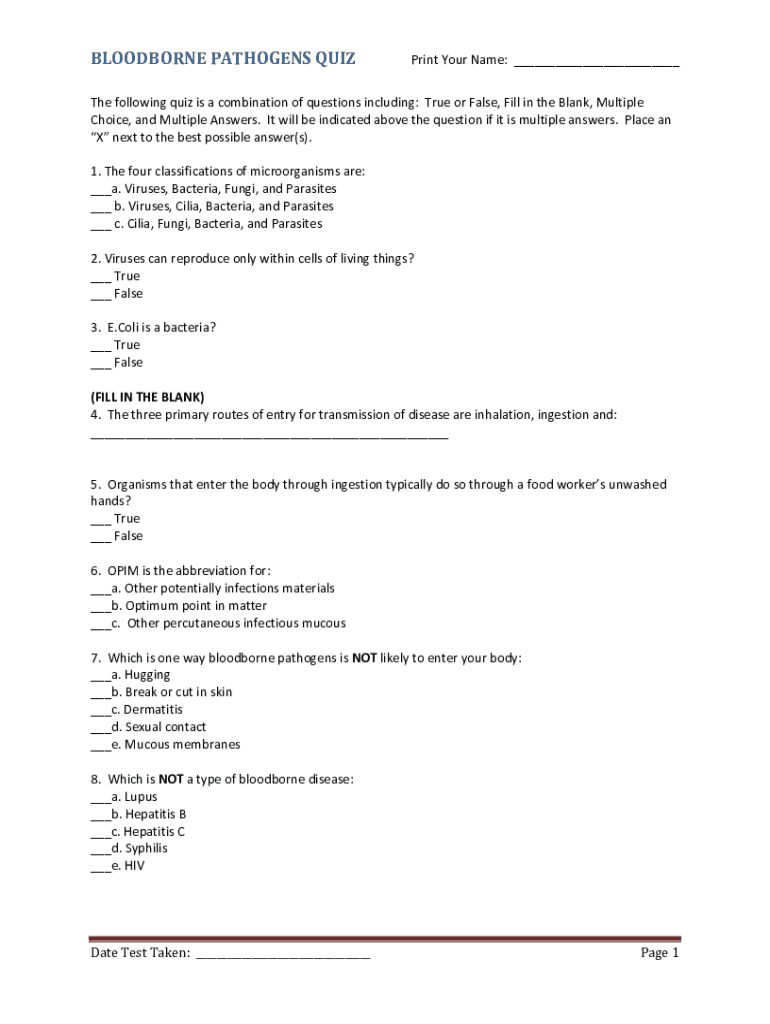 Fillable Online Workplace Bloodborne Pathogens (BBP) Quiz: Test Your ...