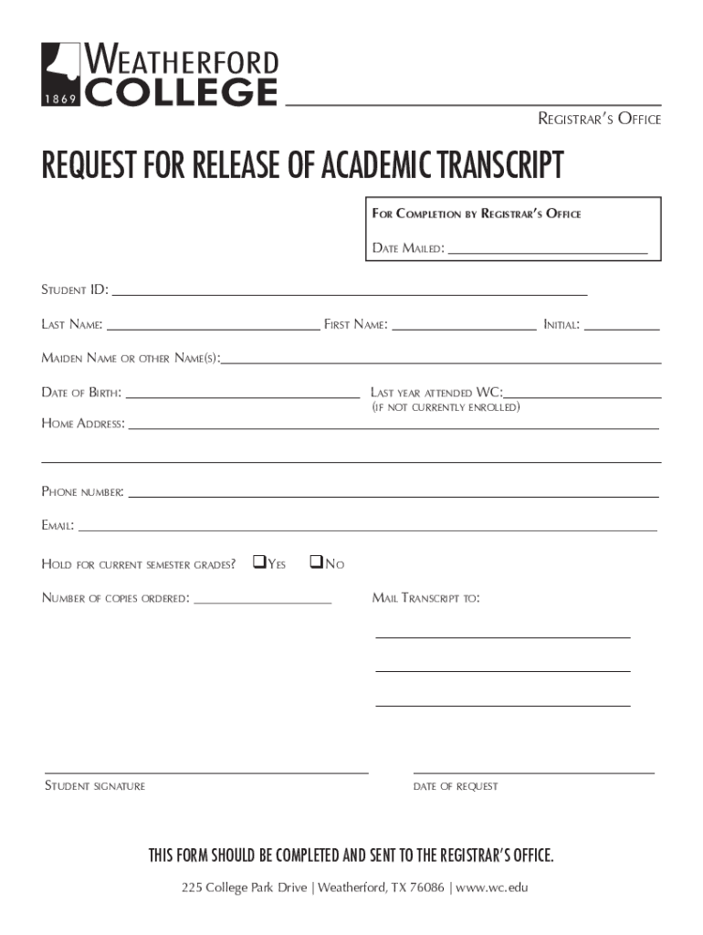 Fillable Online Request for Academic Transcript Fax Email Print - pdfFiller