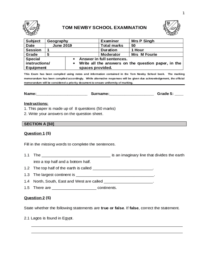 Geography Exam - Tom Newby School Doc Template | pdfFiller