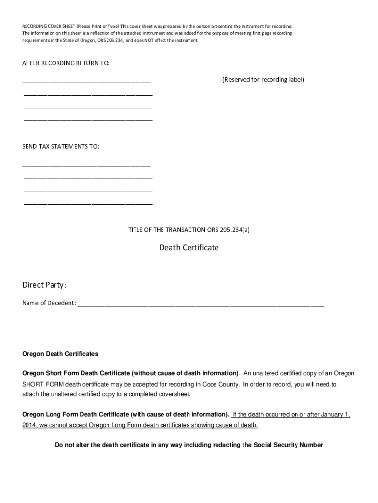 Fillable Online Death Certificate Direct Party: - Coos County OR Fax ...