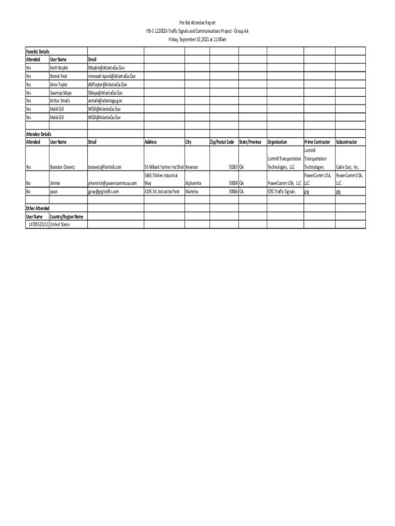 Fillable Online Pre-Bid Attendee Report IFB-C-1220024 Traffic Signals and ... Fax Email Print ...