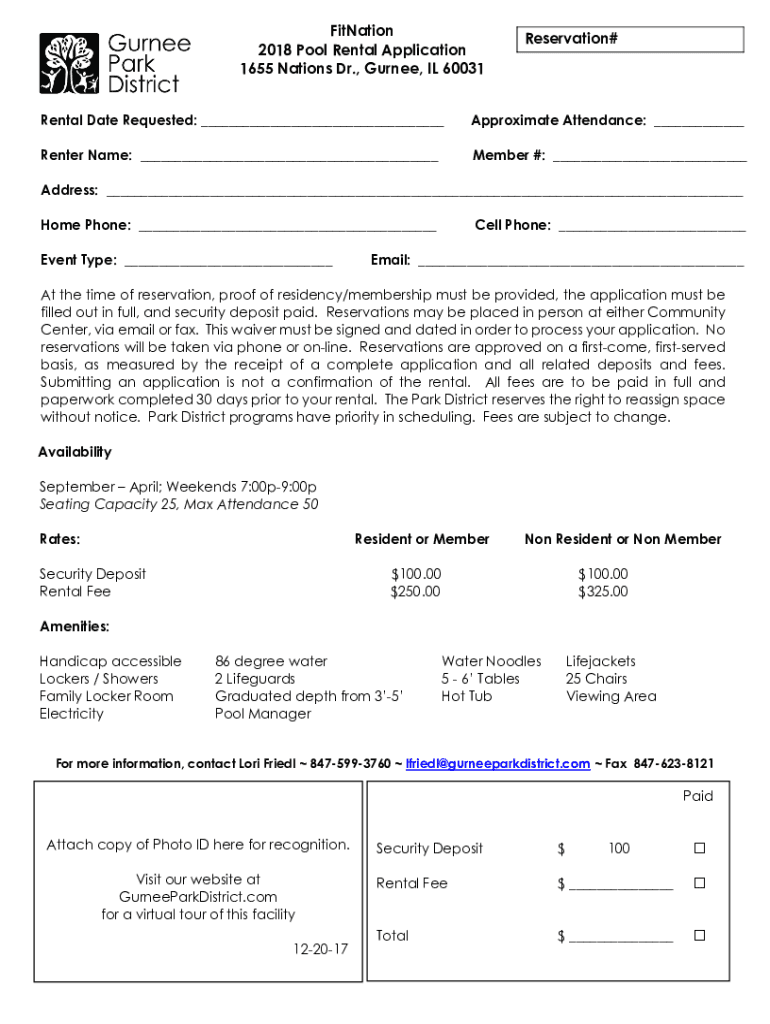 Fillable Online Pool Rentals - Gurnee Park District Fax Email Print ...