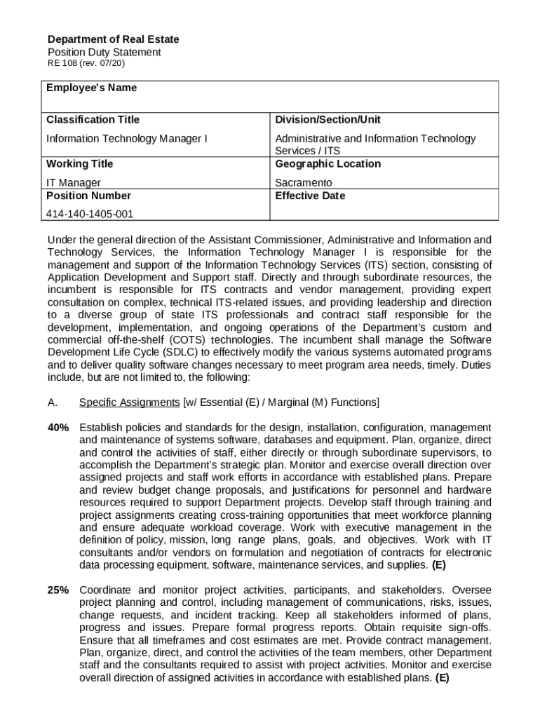 RE 108 - Duty Statement Doc Template | pdfFiller
