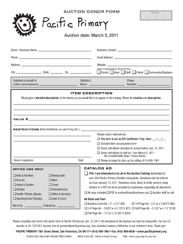 Fillable Online Auction Item Donation Submission Form Fax Email Print ...