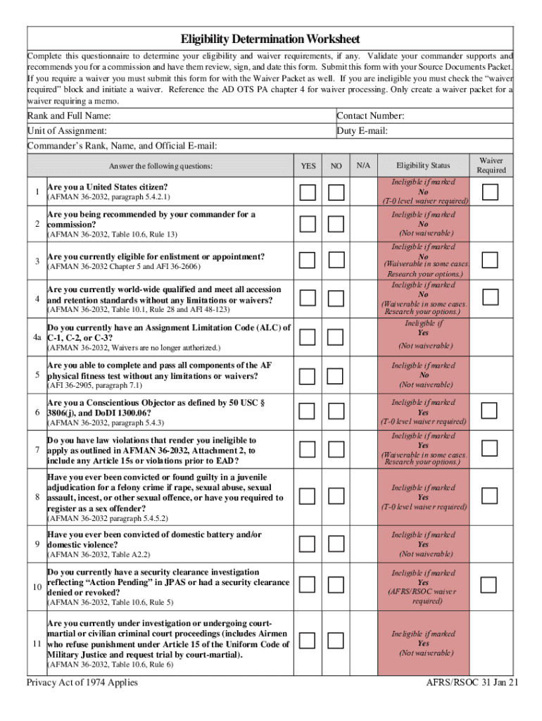 Questionnaire 1, Eligibility Determination Worksheet (: Fill out & sign ...