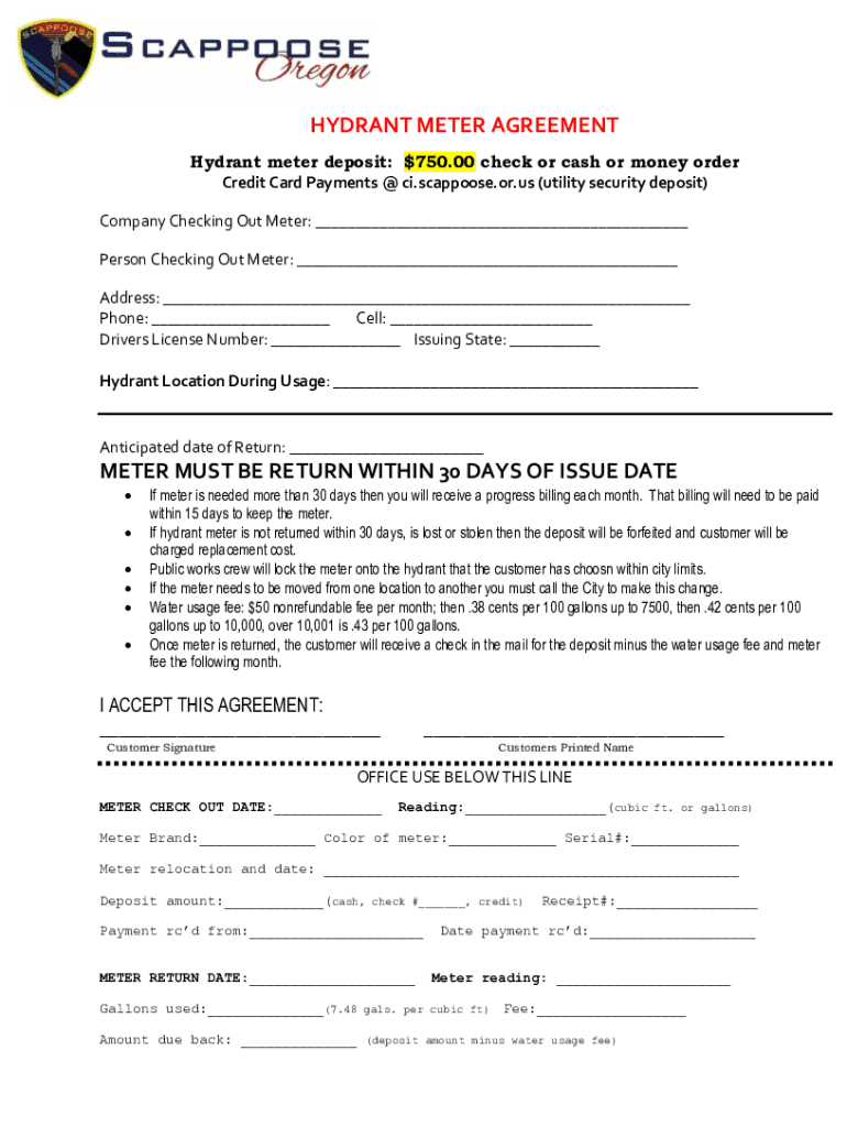 Fillable Online tuolumne utilities district - hydrant meter agreement ...