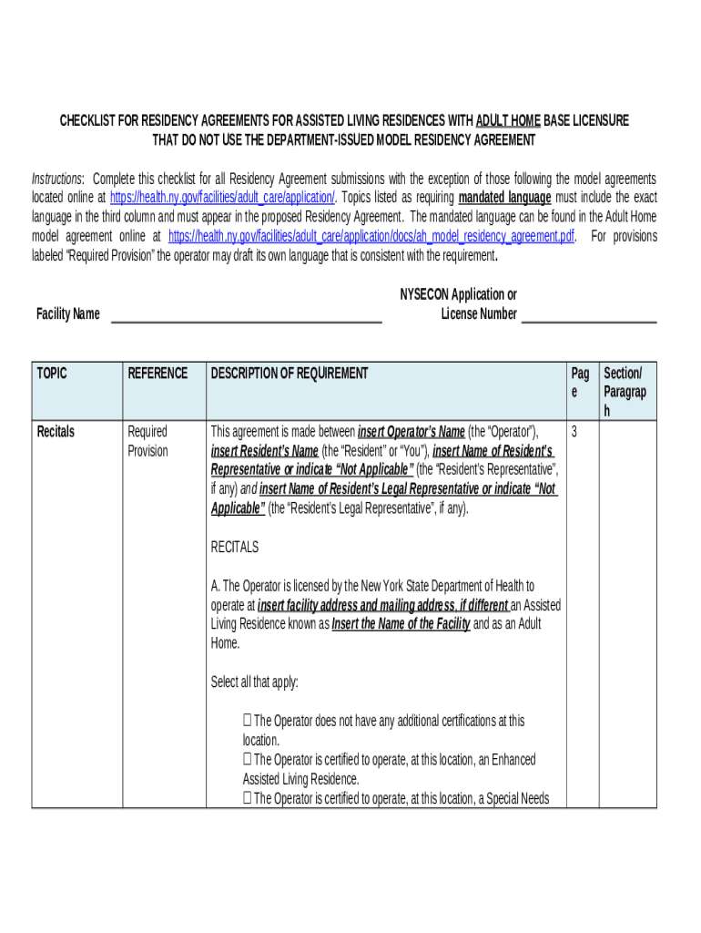 Adult Home Residency Agreement Checklist. Adult Home Residency ...