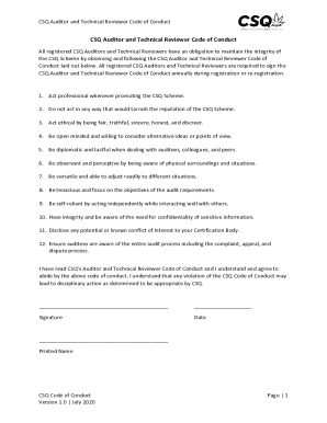 Fillable Online CSQ Auditor and Technical Reviewer Code of Conduct Fax ...