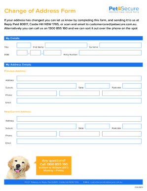 Fillable Online Change of Address Form - Petsecure Pet Insurance Fax ...