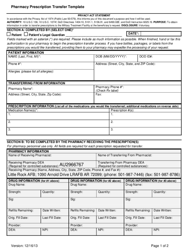 Fillable Online Pharmacy Prescription Transfer Template TO - US Legal ...