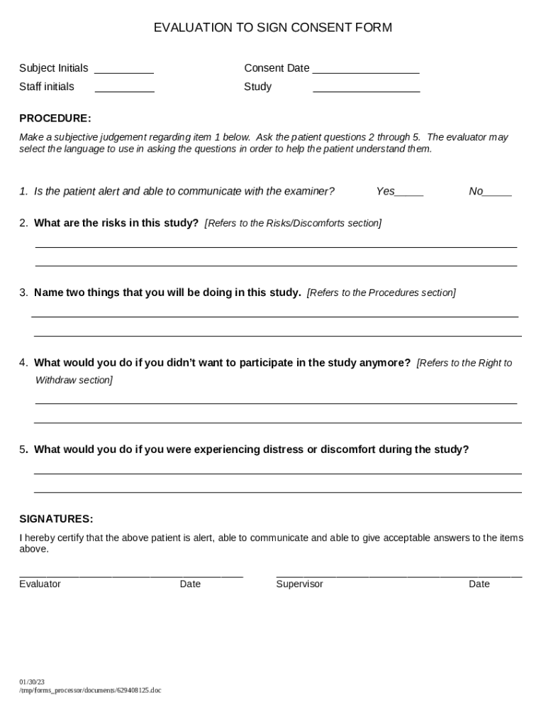 Evaluation to Sign a Consent for Research Doc Template | pdfFiller